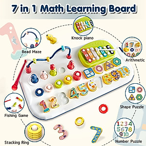 通用 Educational Learning Montessori Toys for Kids,7 in 1 Puzzles Number Shape Sorter Counting Stacker with Number Blocks,Xylophone, Fishing Game for Toddler, Gift for1 2 3 4 5 Year Old Boys Girls