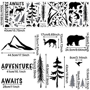 4 Sheets Mountain Wall Decal Rustic Nursery Wall Decals Dreamy Forest with Pine Tree Deer Peel and Stick Inspirational Quote Wall Stickers DIY Wall Decals for Kids' Room (Black,19.69 x 15.75 Inches)