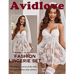 Avidlove White Wedding Lingerie for Women Bridal Lace Strappy Dress (White, Large)