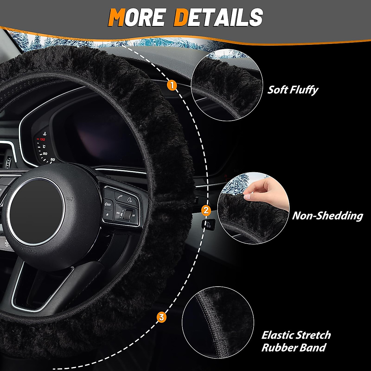 KAFEEK Elastic Long Microfiber Plush Steering Wheel Cover for Winter Warm, Universal 15 inch, Anti-Slip, Odorless, Black