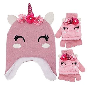 Little Girls Winter Unicorn Beanie Hat and Gloves Set Kids Knitted Earflap Cap Flip Top Mitten Set
