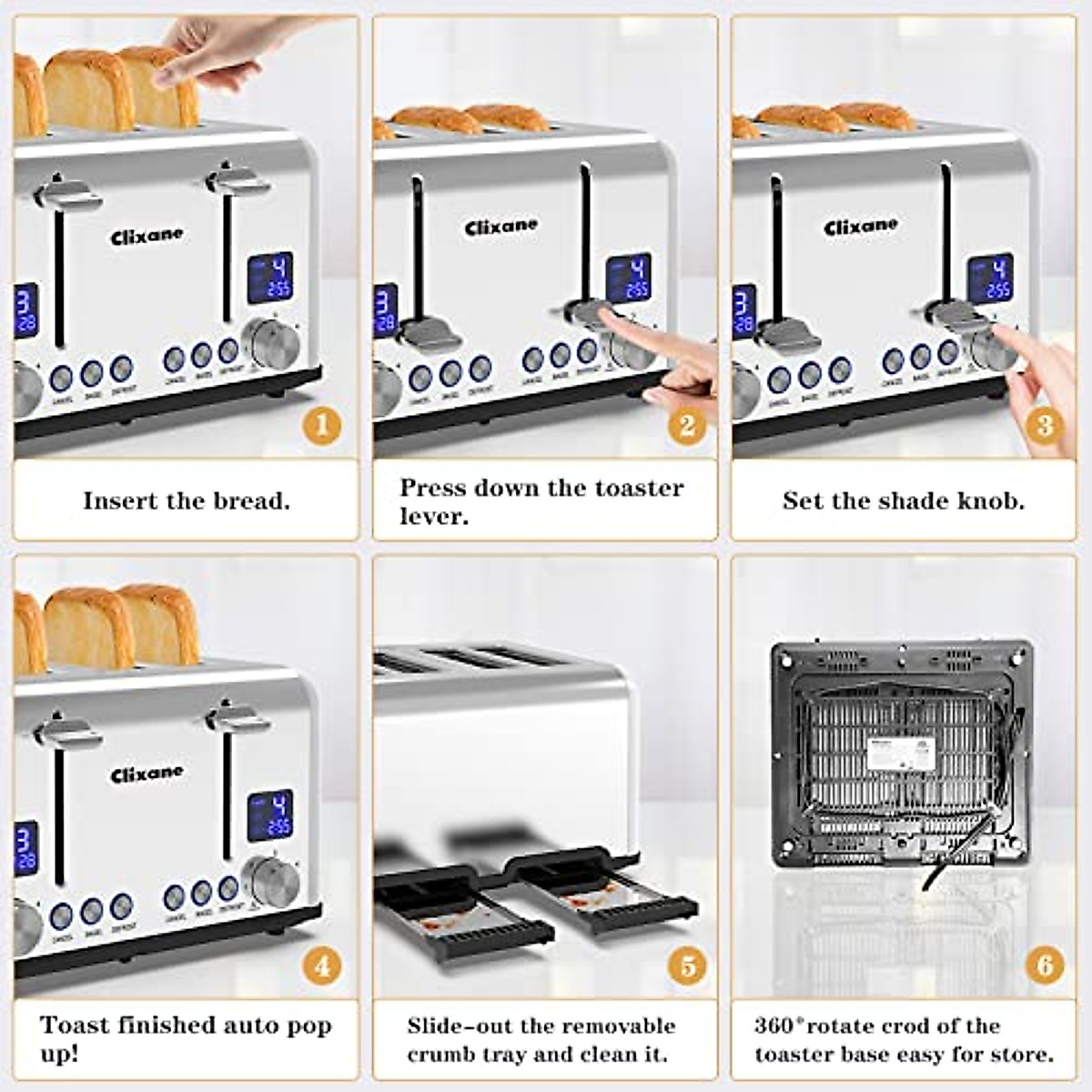 Toaster 4 Slice,1.5"Extra Wide Slot Stainless Toaster with Bagel Defrost Cancel Function, Dual Screen, Removal Crumb Tray (White)