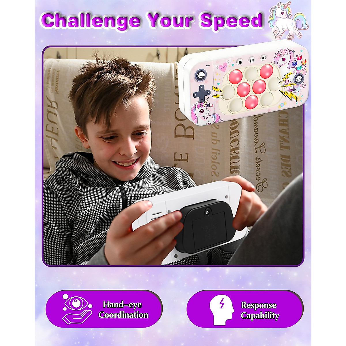 Fast Push Game Fidget Toys for Kids Adults, Quick Push Game, Handheld Sensory Fidget Popper Game Console Toys for Kids 6-12, Birthday Gifts for Boys, Girls, Teen（Unicorn）