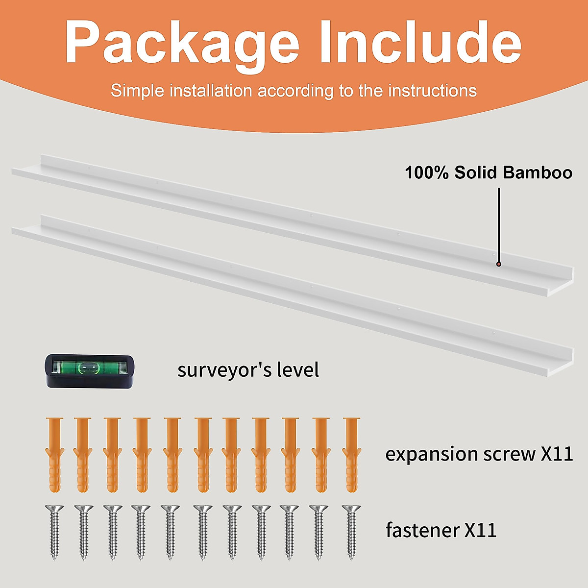 Love-KNPTUS Picture Ledge Shelf, White Floating Shelves Set of 2, 72 Inch Long Floating Shelves with Lip for Wall, Solid Bamboo Wall Mounted Shelf for Bedroom, Living Room, Bathroom, Kitchen