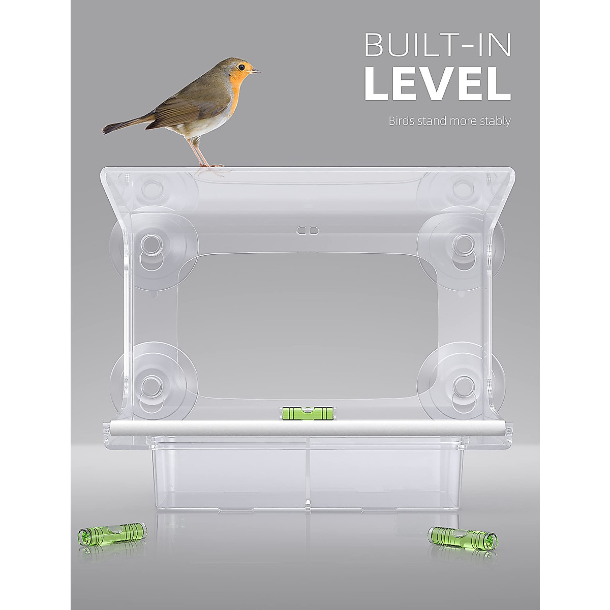 Window Bird Feeder with Strong Suction Cups, CREWOR Clear Bird House Feeders for Outside Wild Birds, Built-in Level & Removable Tray, Fits for Cardinals, Blue Jays, Bluebirds, Finches, Chickadees etc.