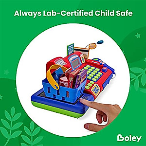 Boley Kids Toy Cash Register Set - Interactive 19pc Red Playset with Scanner, Microphone, Calculator, Play Money, Credit Card Reader, Grocery Items, Ideal for Boys & Girls Ages 3+