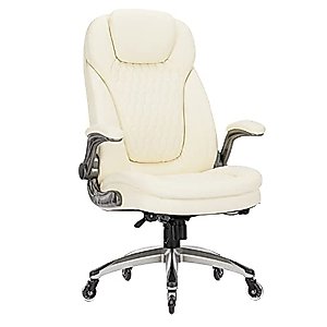 COLAMY High Back Office Chair, Ergonomic Executive Chair with Padded Flip-up Arms, Adjustable Tilt Lock, Computer Desk Chair Swivel Rolling Home Office Chair for Adult Working Study, Ivory