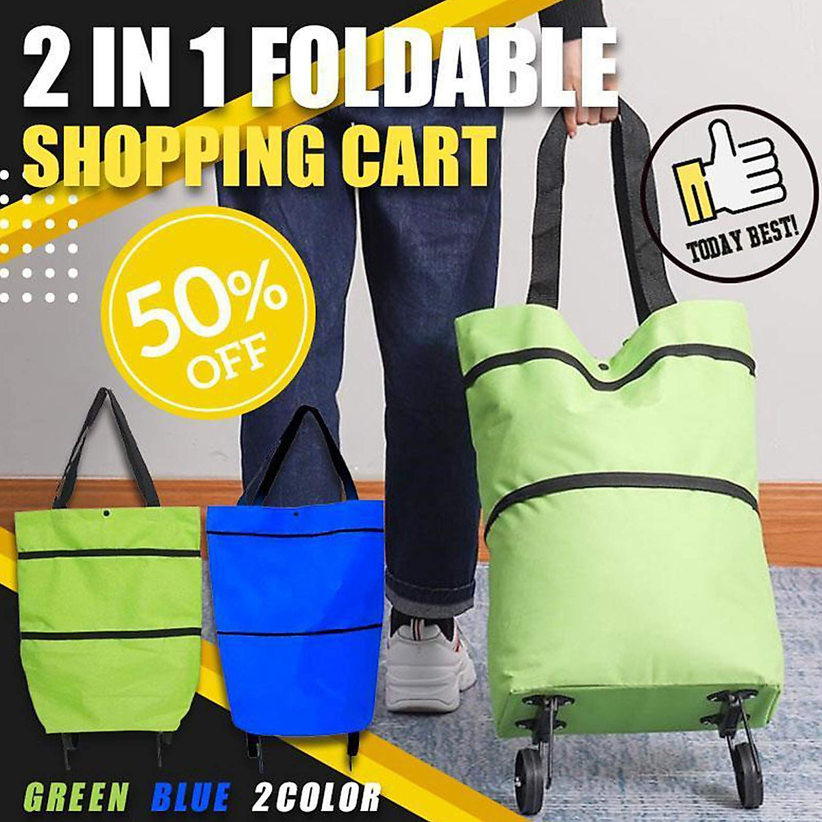2 in 1 Foldable Shopping Carts for Groceries with Wheels, Waterproof Large Folding Expandable Shopping Bag, Collapsible Washable Cart Grocery Bags Tote Bag Green