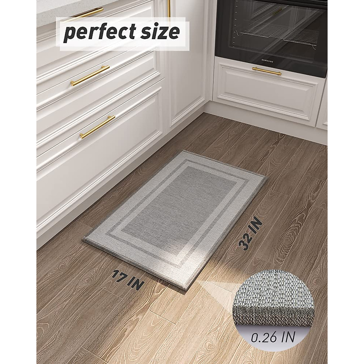 PADOOR Kitchen-Rugs Washable, Rubber Backing Non-Slip Kitchen Mat,Absorbent Kitchen Floor Mats in Front of Sink, Kitchen Mats for Floor Grey 17"x32"