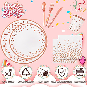 Supernal 350pcs Rose Gold Plates and Napkins Party Supplies,Happy Birthday Plates and Napkins,Rose Gold Paper Plates,Napkins,Cups,Rose Gold Plastic Forks,Knives,Spoons for Womens Birthday Decorations