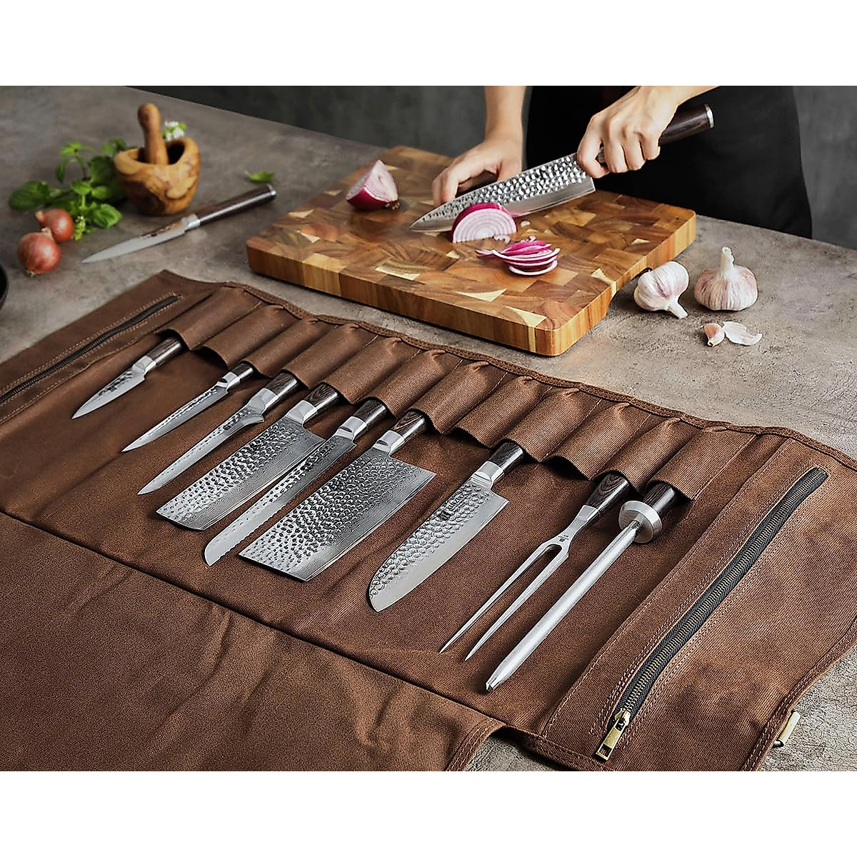 XINZUO Chef Knife Roll Bag-Professional Chef Knife Case-16oz Waxed Canvas and Crazy Horse Leather -With 12 Slots Plus 2 Zipper Pockets to Hold Kitchen Cooking Tools-Travel Tool Roll Pouch(Bag Only)