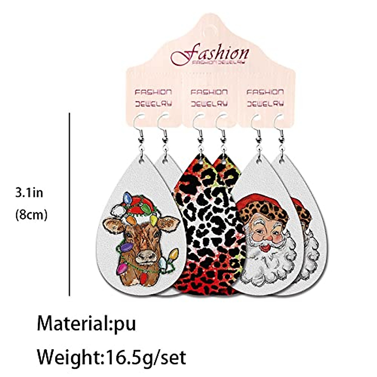 3 Pairs Christmas Faux Leather Earrings Plaid Christmas Tree Santa Claus Lightweight Faux Leather Teardrop Earrings Holiday Earrings for Women -Style 3