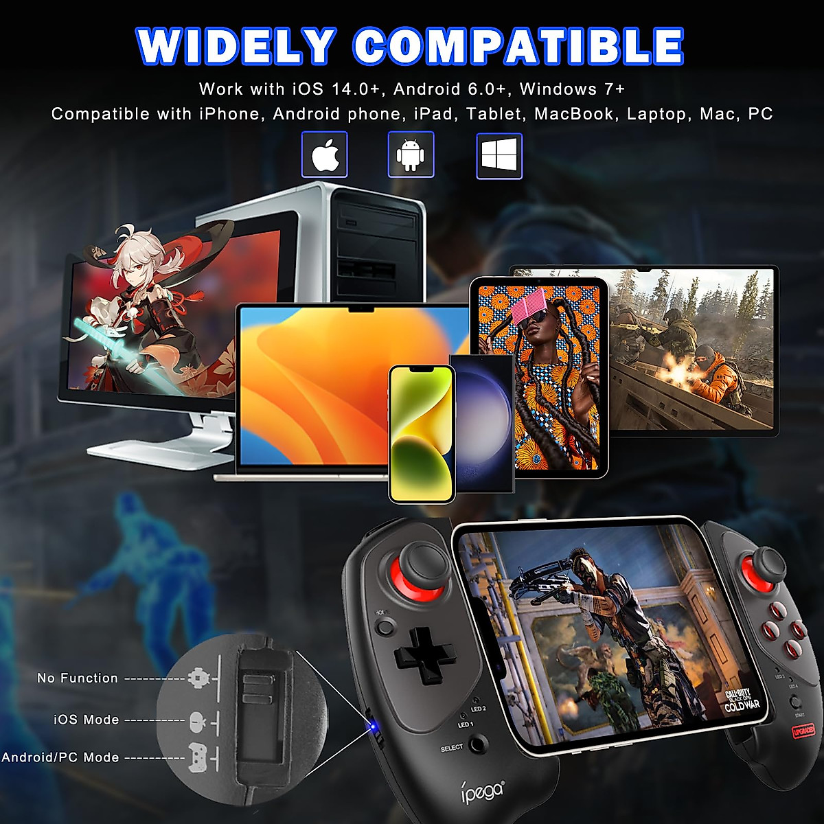 Megadream Wireless Mobile Controller for iPad, Tablet (11"), iPhone 16/15/14/13, Android Gamepad for Galaxy Z Fold4, Galaxy Z Flip4, Galaxy S23 S22 21Ultra, PC - MFi Certified - Call of Duty - Genshin Impact, Black