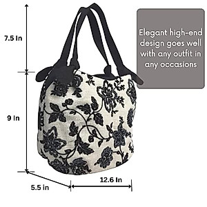 HCRAFT Embroidered Handbags for Women, Beads Flower Shoulder Tote Bag with Zipper,12.6"x5.5"x9", Fabric Tote Bag, Hobo Bags For Women, Tote Bag Aesthetic with Inner Pocket
