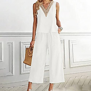 H-626 White Womens Pants Sets Faux Gauze Linen Pants Sets for Ladies Capri Cami Tank Flared Wide Leg Basic Bootcut Summer Fall Pants Sets Button 2023 Clothing Y2K MR XL