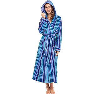 Alexander Del Rossa Women's Robes, Long Plush Bathrobe, Womens Robe with Hood, Hooded Robes for Women Plus Size Robe The Blues Striped XL (A0116ABQXL)