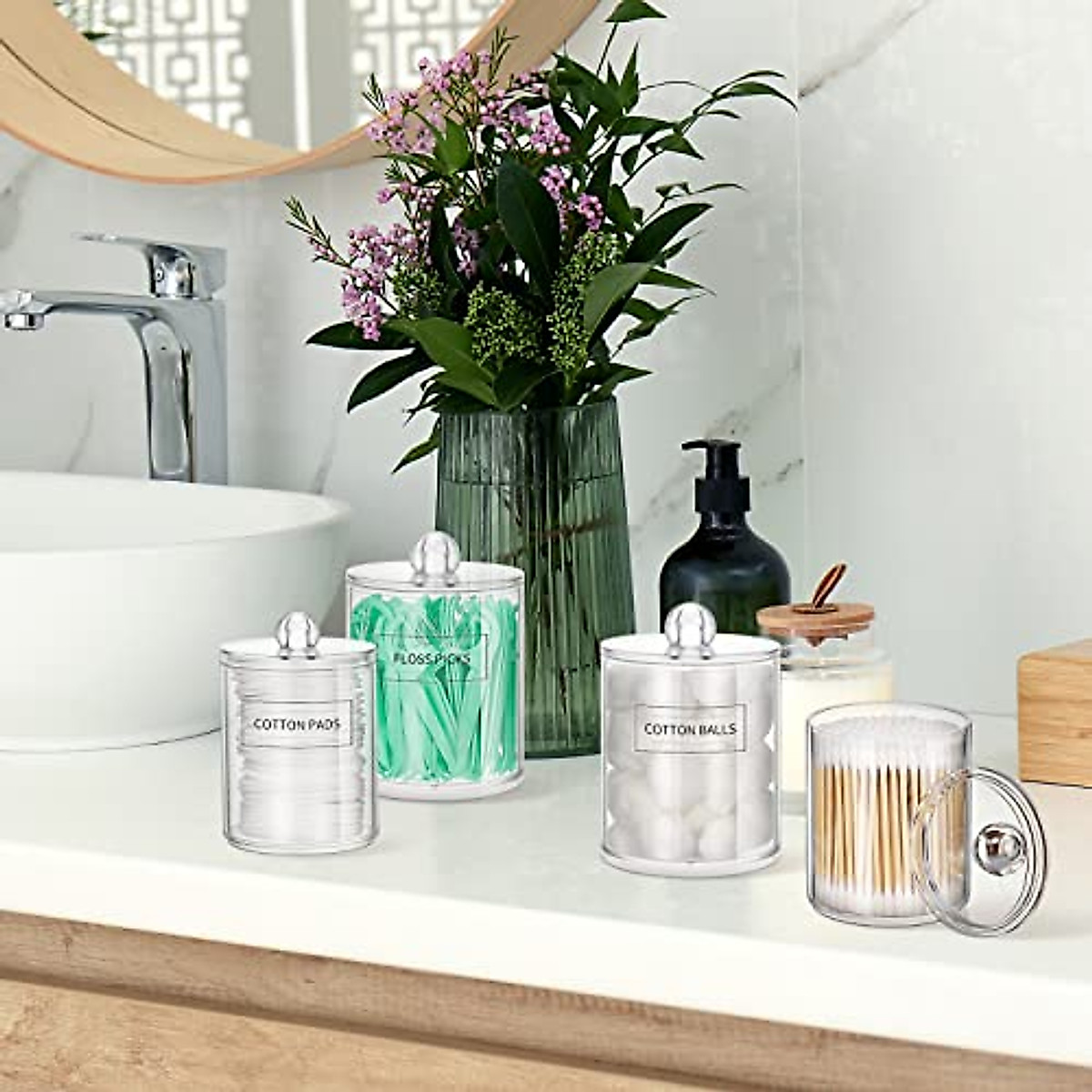 4 Pack Qtip Holder Dispenser - 10oz, 12oz Clear Plastic Apothecary Jars Set - Restroom Bathroom Makeup Organizers Containers for Floss, Cotton Ball, Cotton Swab, Cotton Round Pads, Hair Ties, Bath Salt