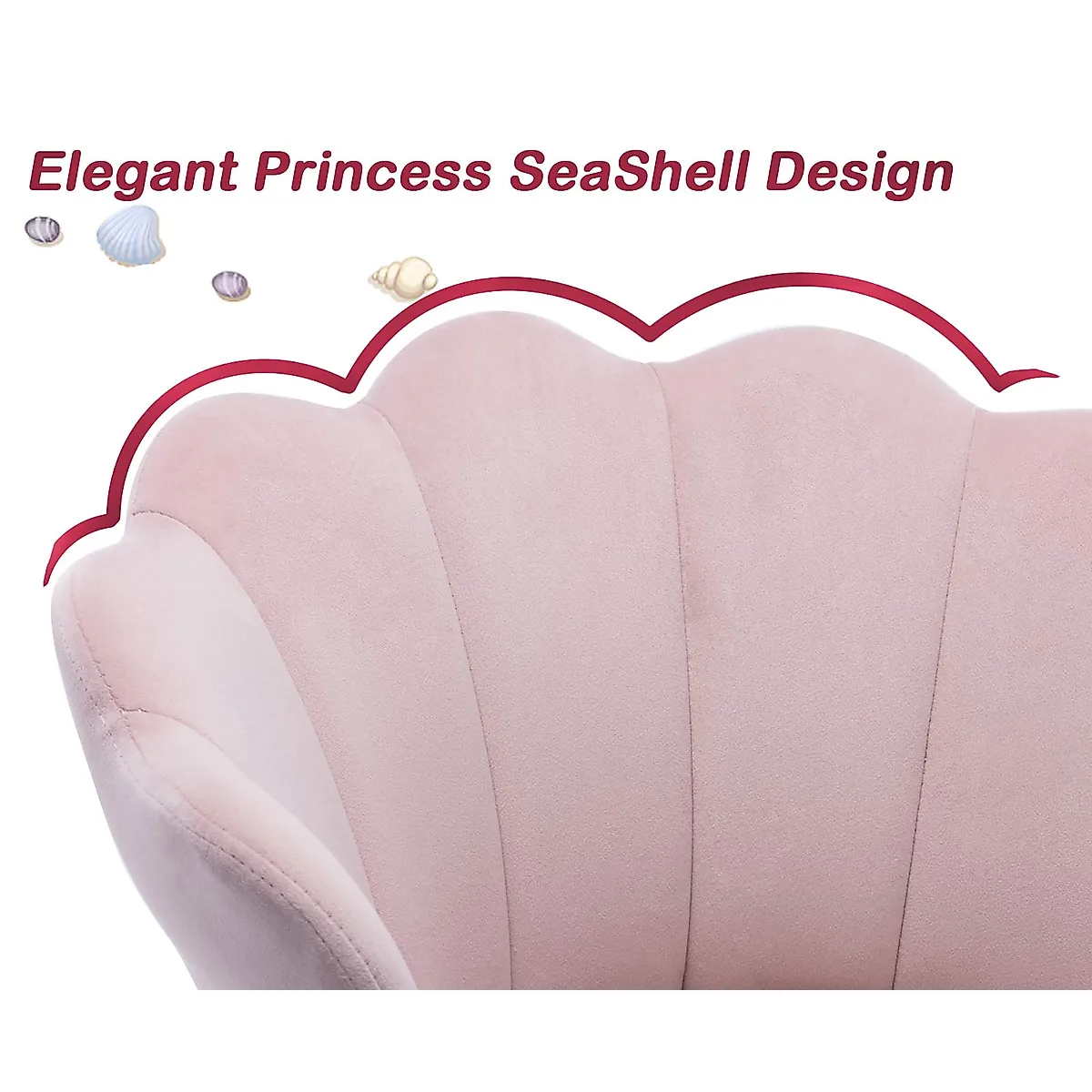 DM Furniture Adjustable Kids Desk Chair Cute Reading Computer Chair for Students Modern Upholstered Velvet Swivel Rolling Armchair for Girls Bedroom, Seashell Back (Light Pink)