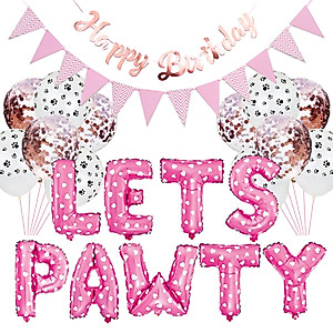Esweny Dog Cat Birthday Party Supplies,Dog Paw Print Balloons Sequined balloon,Lets Pawty Balloons, Happy Birthday Banner Foil Balloons Pet Party Decoration