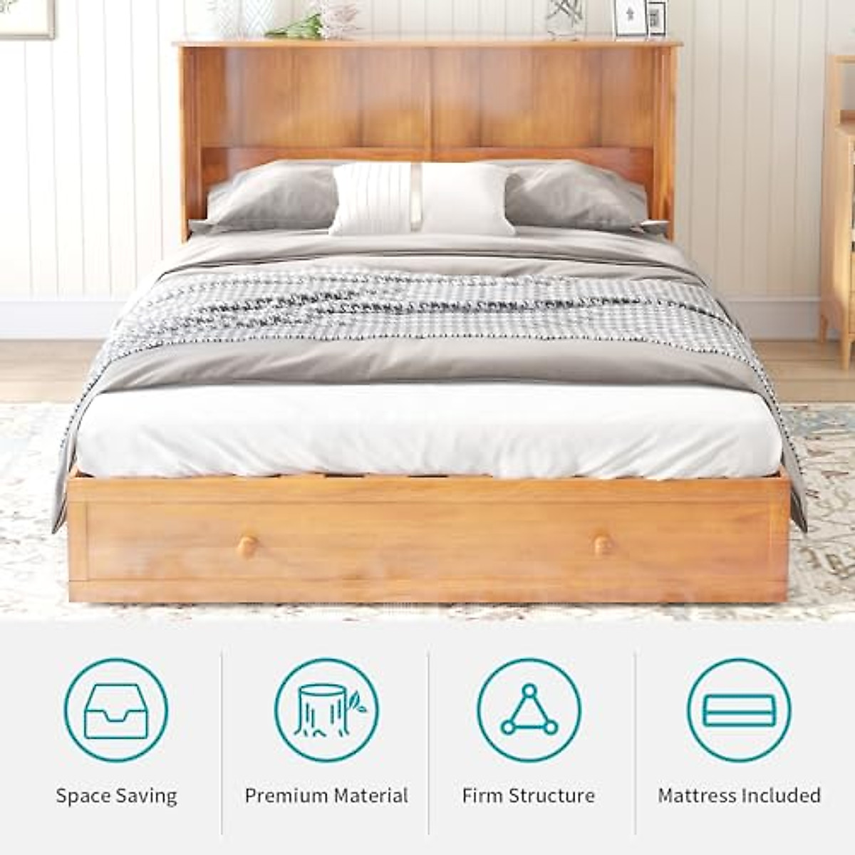 BALUS Cabinet Bed with Queen Size Mattress, Modern Murphy Bed with USB Charging Station, Foldable Tray Tables, Storage Drawer - Cherry Red