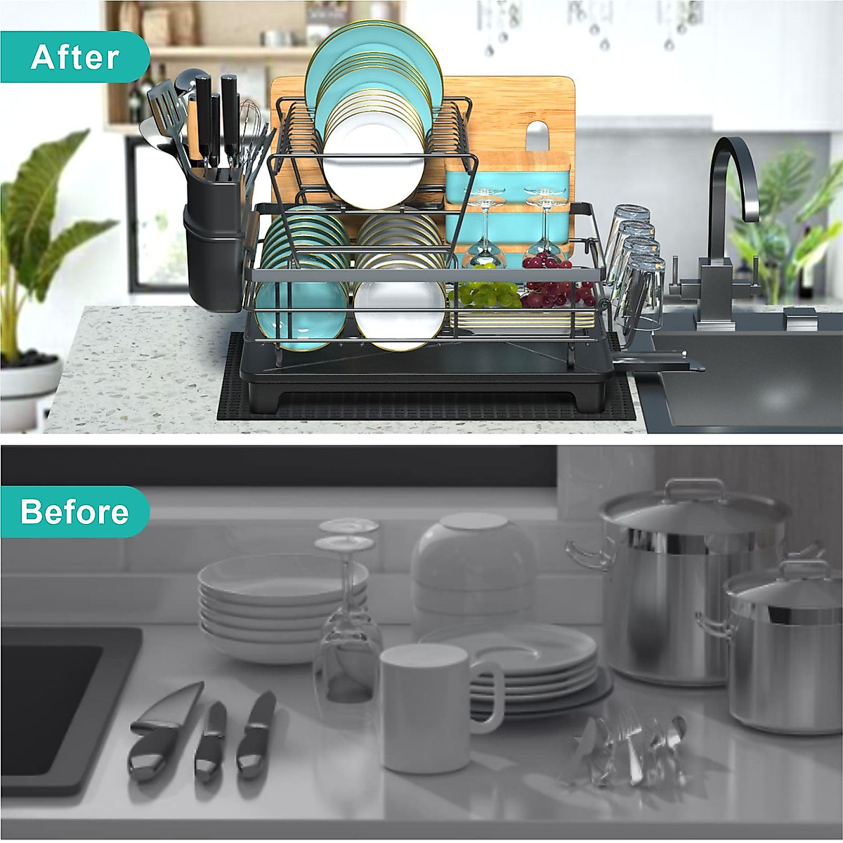 ouosawa Dish Drying Rack with Drainboard, Stainless Steel 2 Tier Large Dish Racks for Kitchen Counter, Detachable Dish Strainer Rack with Cup Holder, Utensil Holder & Cutting-Board Holder, Black