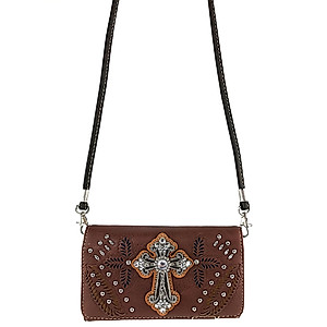 Justin West Laser Cut Rhinestone Cross Design Studded Tooled Wristlet Trifold Wallet Attachable Long Strap (Brown)