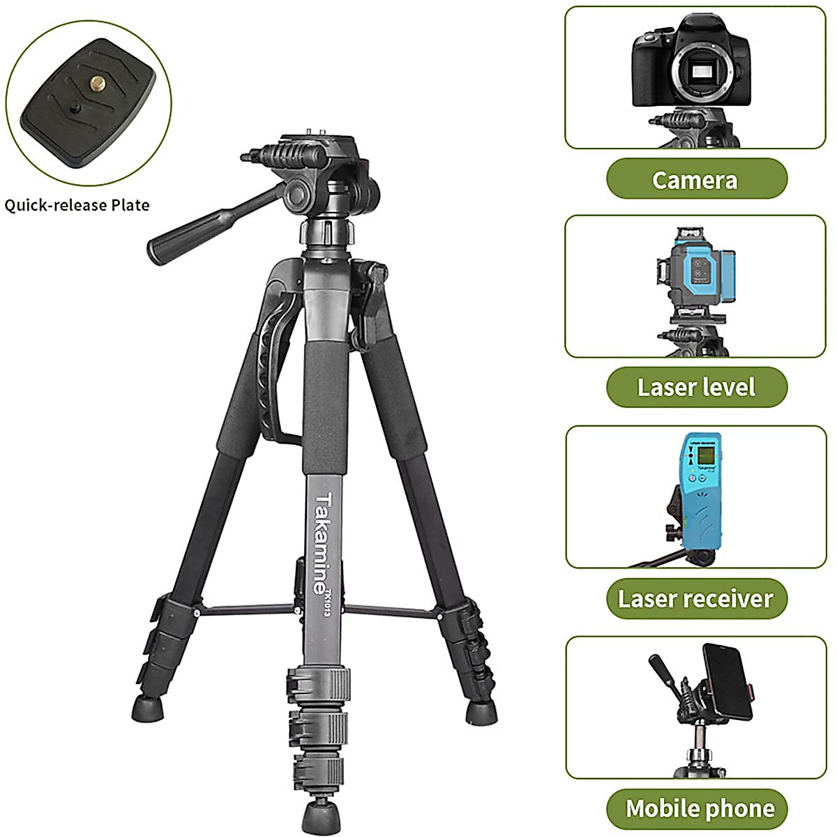 Takamine 63" Lightweight Adjustable Laser Level Aluminum Tripod with Portable Handle, Bubble Level, Quick Release Plate with 1/4" Screw Mount & 5/8" UNF Adapter Nut, 3-Way Swivel Pan Head