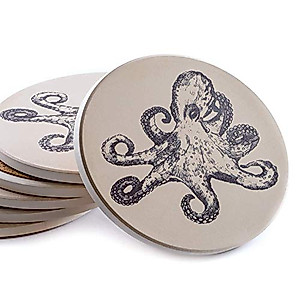Octopus Coasters - Octopus Table - 6 Octopus Coasters for Drinks - Nautical Coasters Stone Absorbent Beige Ceramic 4.13 inch - Beach Theme - Coastal Coasters - Steampunk Coasters Set Gift