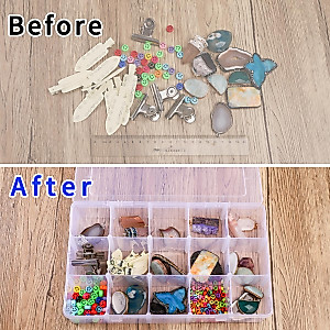 15 Grids Tackle Box Organizer, Large Clear Plastic Organizer Box with Adjustable Dividers for Beads, Art DIY, Crafts, Jewelry, Fishing Tackle with Label Stickers (1)