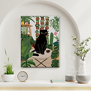 Black Cat and Plants Canvas Wall Art Poster Print, Modern Botanical Black Cat Painting Ready to Hang Home Office Living Room Decor Gift (11.5" x 15")
