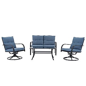 JARDINA 4 Pieces Patio Furniture Set, Metal Outdoor Patio Furniture, All-Weather Patio Conversation Set with Loveseat Sofa, 2 Swivel Chairs, Coffee Table and Cushions for Backyard Deck, Blue