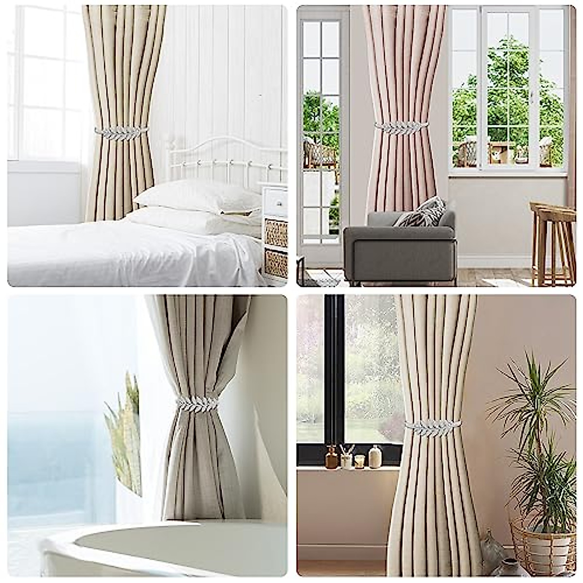 Amaxiu Curtain Tiebacks, 4 Pack Leaf Carving Design Curtain Holdback Adjustable Curtain Ties for Drapes Decorative Modern Style Curtain Drapery Wall Hooks Hanger Window Treatment Holdbacks(Silver)