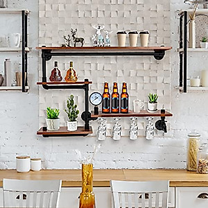 Rocomoco Industrial Pipe Shelving Wine Rack Wall Mounted with 4 Stem Glass Holder 39 Inch Bar Shelf Rustic Metal Floating Wall Bar Shelf 4-Tiers Hanging Liquor Wood Shelves Glass Rack for Kitchen