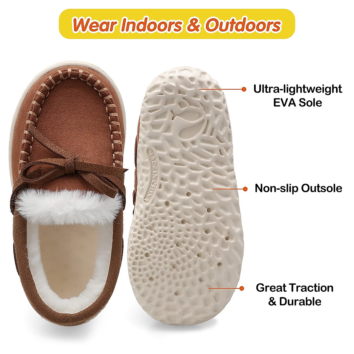 Scurtain Unisex Kids Toddler Slippers Suede Moccasin Slippers for Boys Girls Baby Lined with Warm Fur Slippers for Toddler Girls Solid Brown 8.5 Toddler