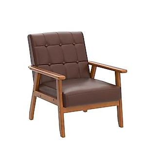 Ufurpie Mid Century Modern Arm Chair with Wood Frame,PU Leather Reading Armchair,Accent Chair for Living Room Bedroom Reading,Easy Assembly,Brown
