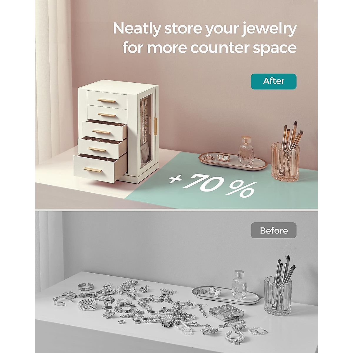 SONGMICS Jewelry Box 360° Rotating, Jewelry Storage Case with 5 Drawers, Jewelry Organizer, Glass Window, Spacious, Vertical Jewelry Storage, Open Design, Christmas Gift, Cloud White UJBC170W01