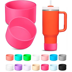 KTKUDY 2Pcs Protective Silicone Boot for Stanley Quencher Tumbler 30 oz 40 oz & IceFlow 20oz 30oz & Hydro Flask Water Bottle 12-24oz - Cup Bottom Sleeve - Stanley Cup Accessories, Rose red