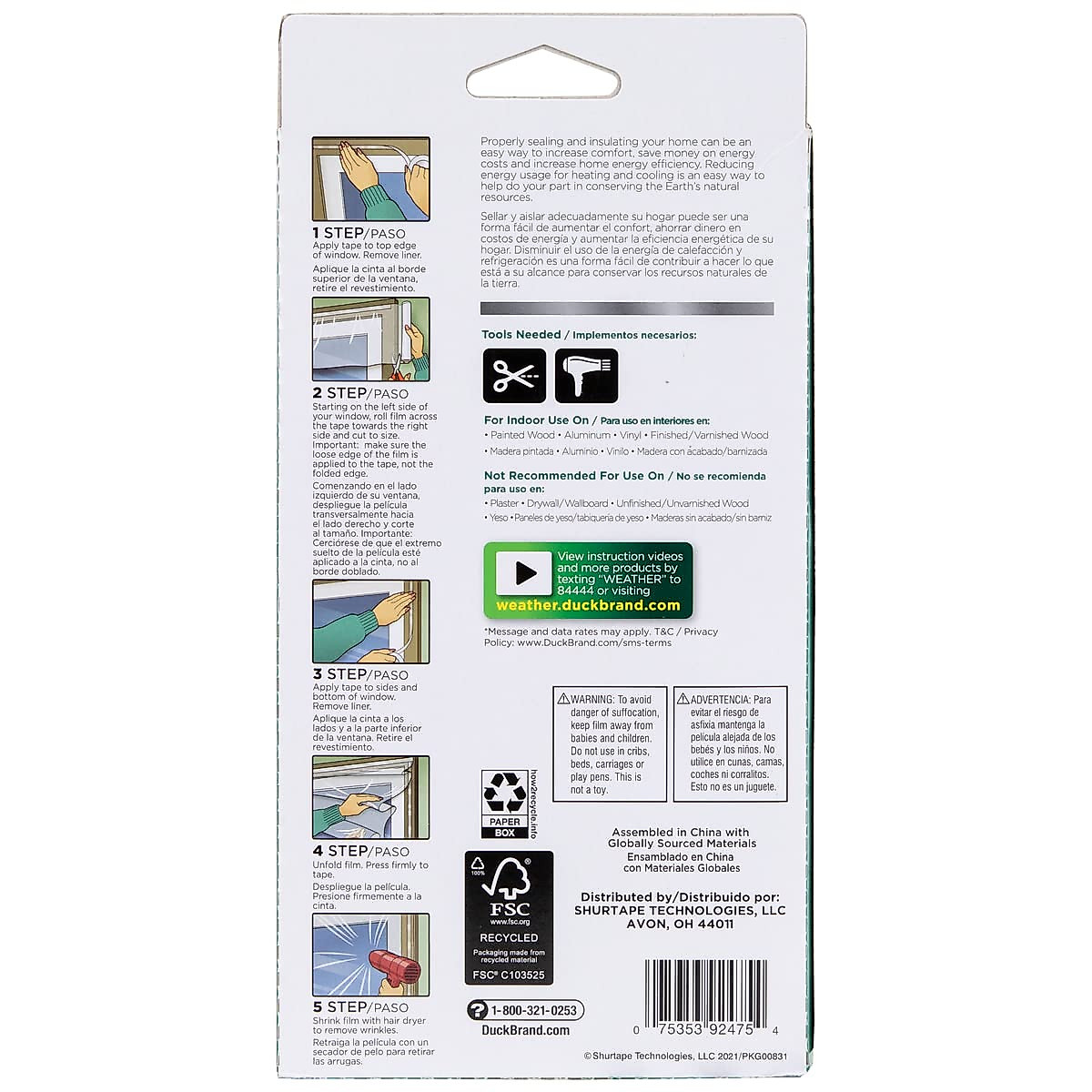 Duck Brand Window Insulation Kit - Winter Window Seal Kit Fits up to 10 Windows - Rolled Shrink Film Cuts to Size for Easy Indoor Installation - Window Tape Included - 62 In. by 420 In.- Clear