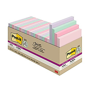 Post-it Super Sticky Recycled Notes, 3x3 in, 24 Pads, 2x the Sticking Power, Wanderlust Collection, Pastel Colors, 30% Recycled Paper (654-24NH-CP)