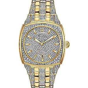 Bulova Men's Crystals Phantom Gold Tone Stainless Steel 3-Hand Quartz Watch, Cushion Shape Dial and Curved Mineral Crystal Style: 98B323