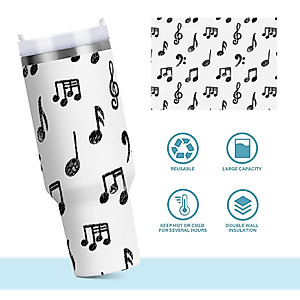 Blueangle 30 oz Music Notes Icon Tumbler with Handle and Straw Lid, Insulated Cup Reusable Stainless Steel Water Bottle Travel Mug（591）