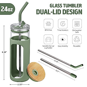 Kodrine 24oz glass tumbler with straw and lid,Iced coffee cup, Leak-proof Lid and Straw,Smoothie Cup With Bamboo Lid,Fit in Cup Holder, BPA Free, Dishwasher Safe (1, Olive)