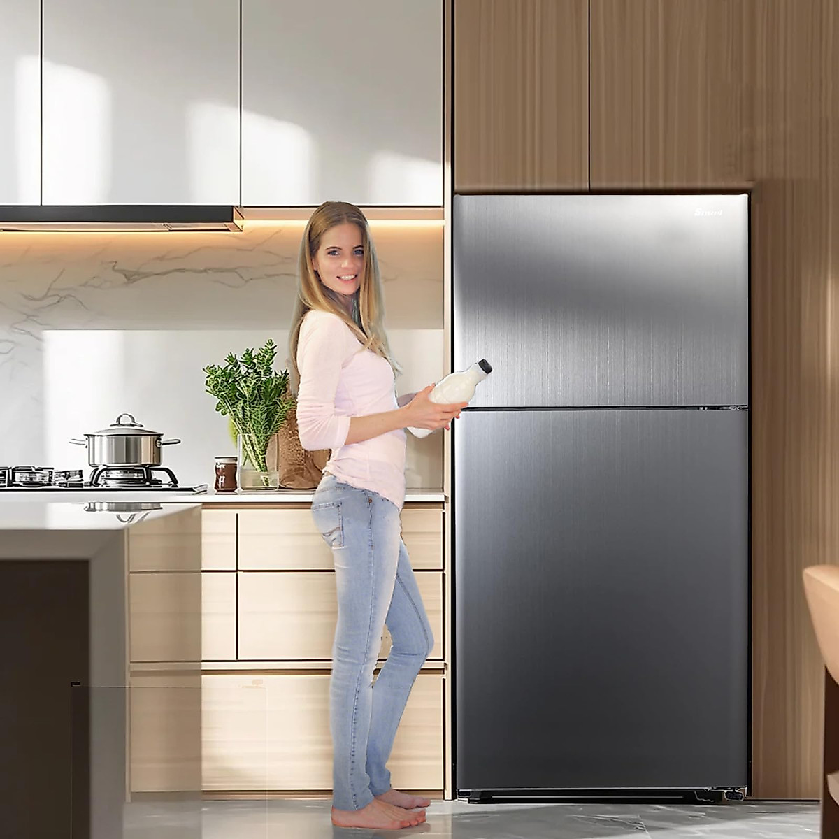 Refrigerator with Freezer, Top Freezer Refrigerators, 18 Cu ft Full Size Kitchen Refrigerator, 2 Door Apartment Size Stainless Steel Fridge, Frost Free 5 Adjustable Thermostat, Home, Office, Silver