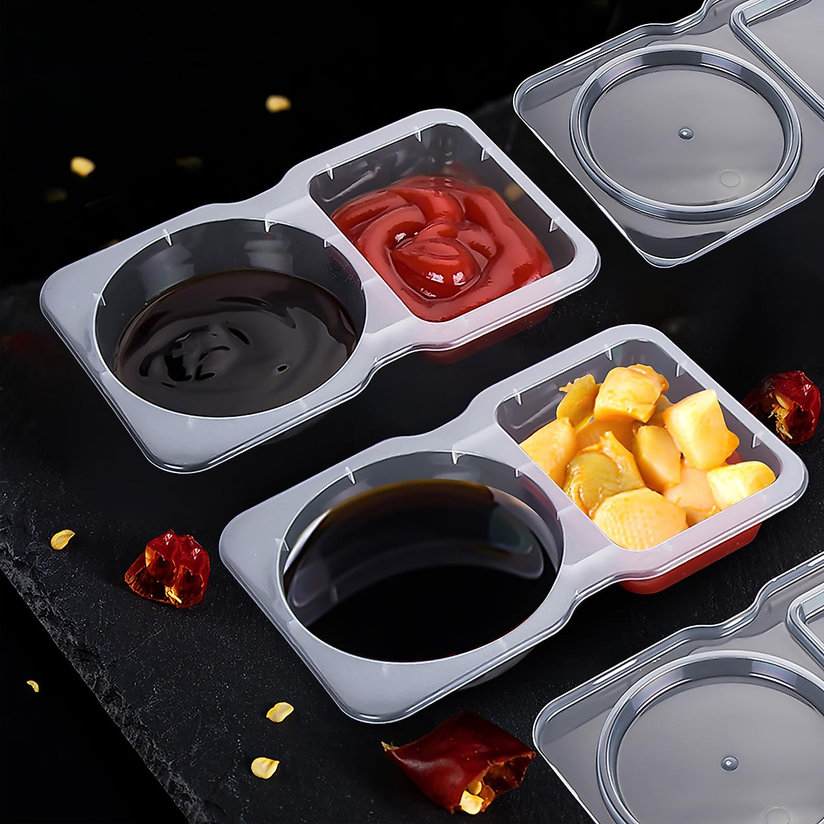 Double Compartment Condiment Containers with Lids, 2024 New Disposable 2 Compartment Snack Containers, Portion Cups Reusable Plastic Snack Container for to-go Sauce, Sampling, Travel Snack - 8 Pcs