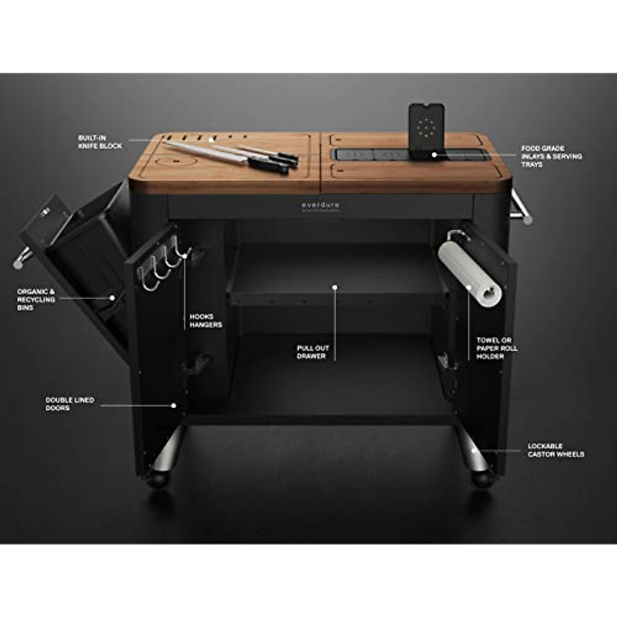 Everdure Mobile Prep Kitchen, 40-Inch Indoor/Outdoor Kitchen Island, Rolling Cart with Lockable Wheels, Equipped with Built-in Cutting Board and Serving Trays, Graphite