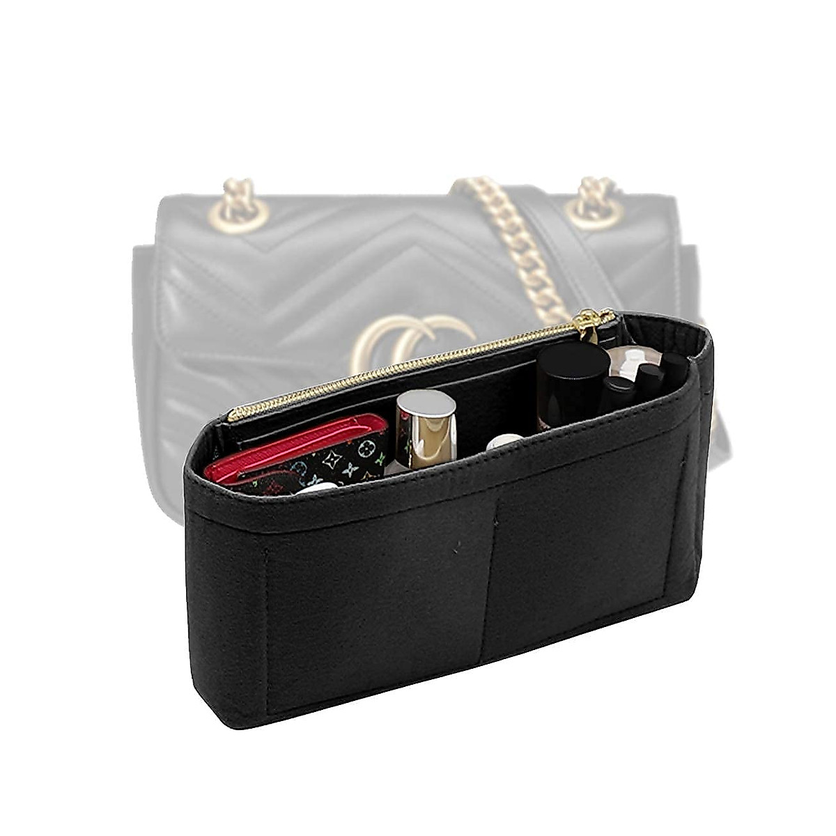 Small Handbag Shaper Insert for GG Marmont Matelasse Shoulder Bag(Pack of 2)Felt Insert Purse Organizer with Zipper- Buy 1 Get 1 Bag Free Small 8030 Black