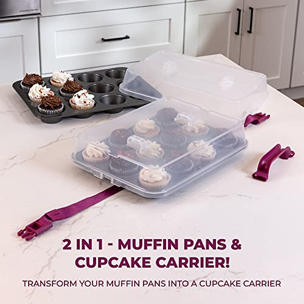 KPKitchen Cupcake Carrier for 24 Cupcakes - Innovative Cupcake Holder includes 2 Cupcake Pans with Lid and Handle - Cupcake Travel Container Carries 12 or 24 Standard-Size Cupcakes for Storage Safely