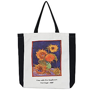 Sanmuci Canvas Tote Bag, Aesthetic Pattern Zipper Tote Bag, Reusable Oversized Plus Inside Pocket Grocery Bag, Supermarket, Beach, Van Gogh - Vase with Five Sunflowers