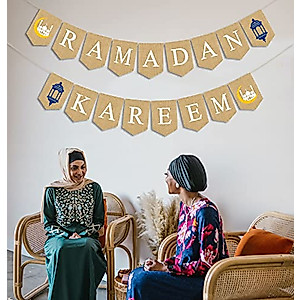 JKQ Ramadan Kareem Burlap Banner with Lantern Moon Castle Signs Muslim Ramadan Mubarak Bunting Banner Islamic Eid Mubarak Festival Celebration Party Hanging Decorations for Home Mantle Wall