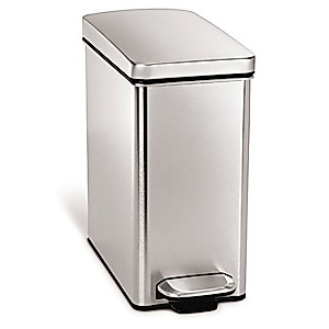 simplehuman 10 Liter / 2.6 Gallon Stainless Steel Bathroom Slim Profile Trash Can, Brushed Stainless Steel